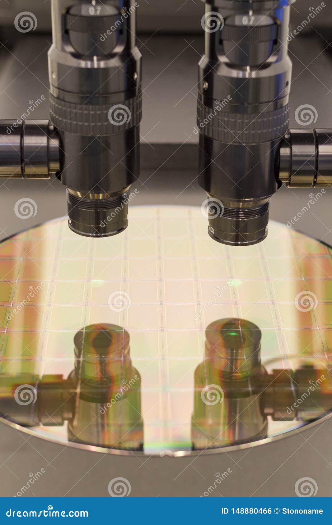 Silicon Wafer On Machine Process Examining In Microscope Stock Photo ...