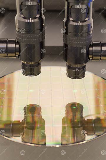 Silicon Wafer on Machine Process Examining in Microscope Stock Photo ...