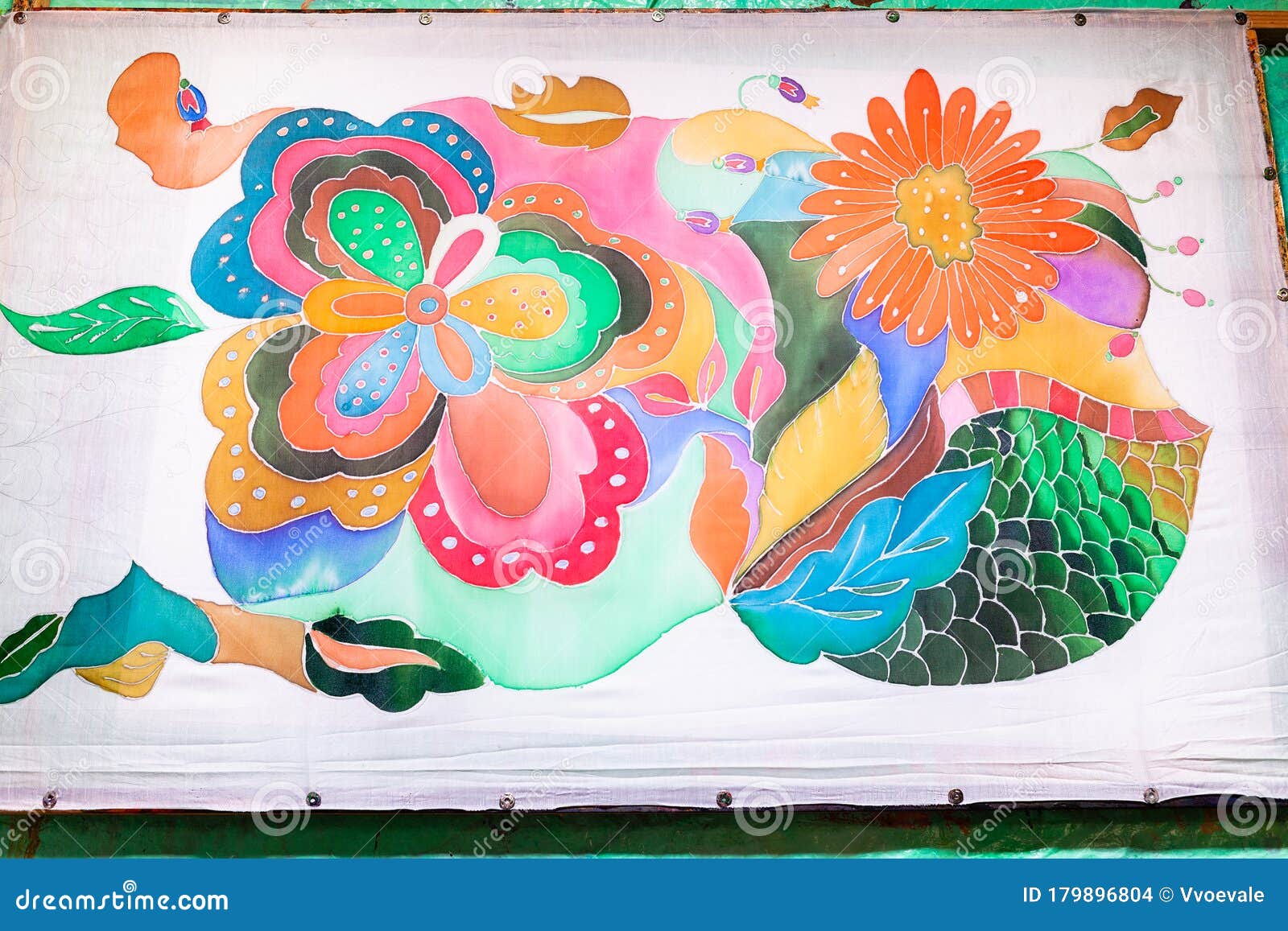 Silk Batik with Floral Pattern on Wooden Frame Stock Photo - Image of ...