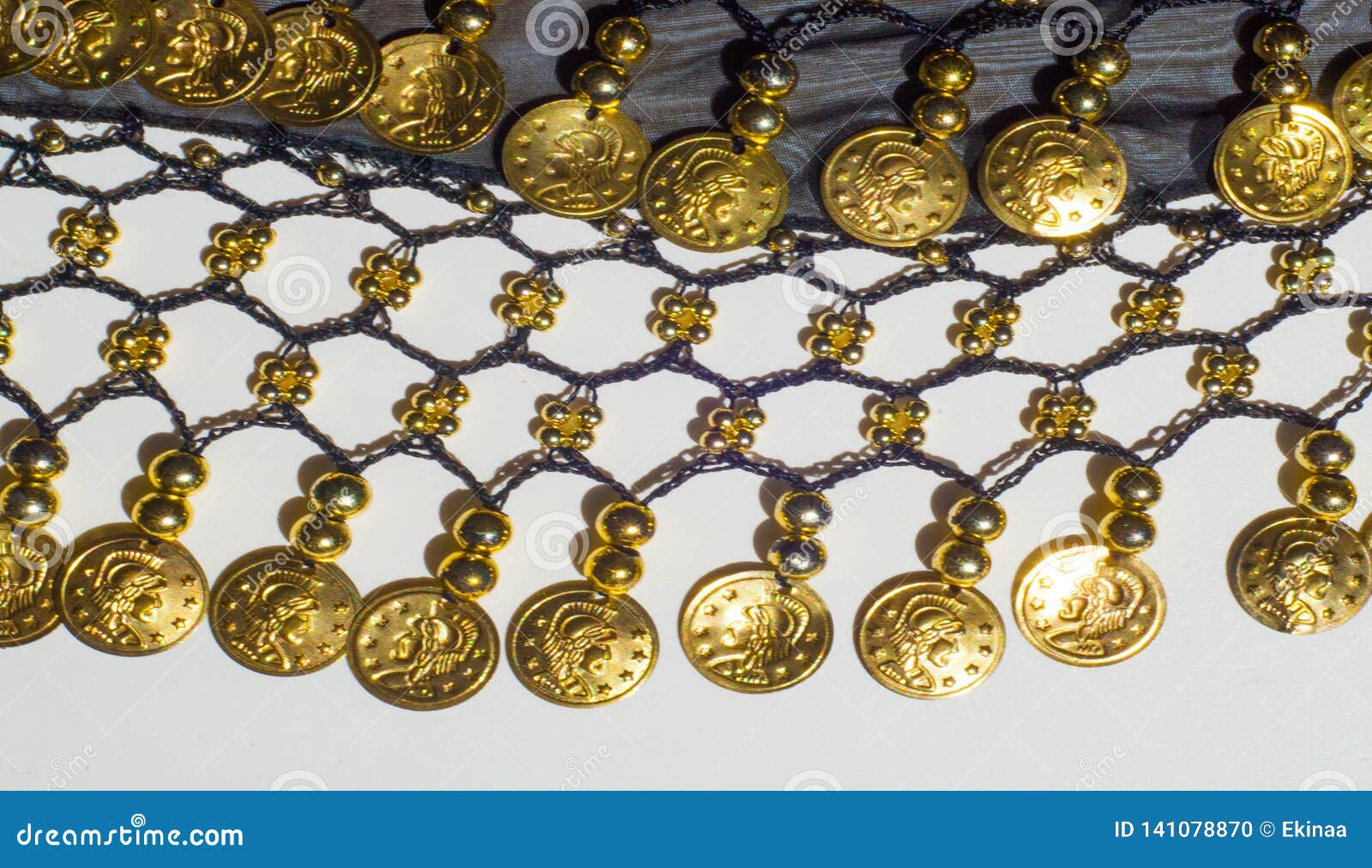 Silk Fabric Texture, Blue, Gold Coins. Oriental Style Stock Photo ...