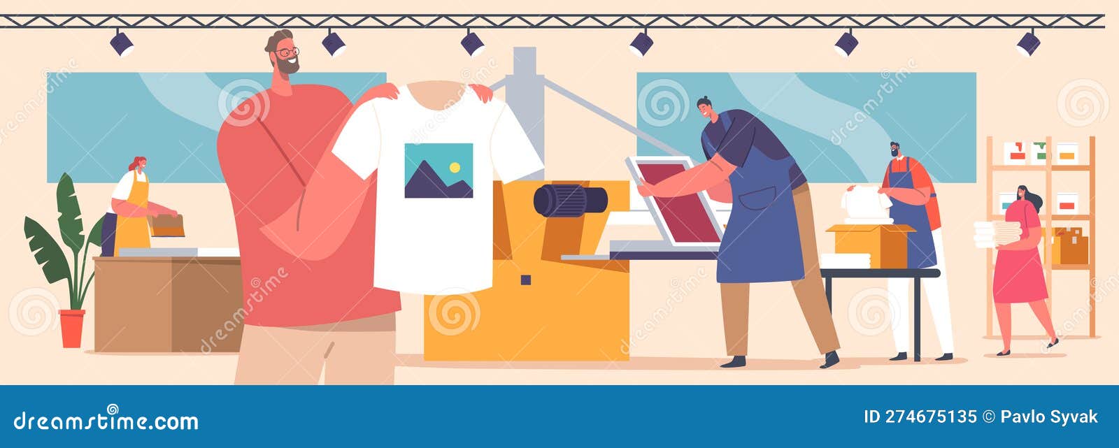 Silk Screen Printing Studio with Workers Applying Ink Onto a T-shirts ...