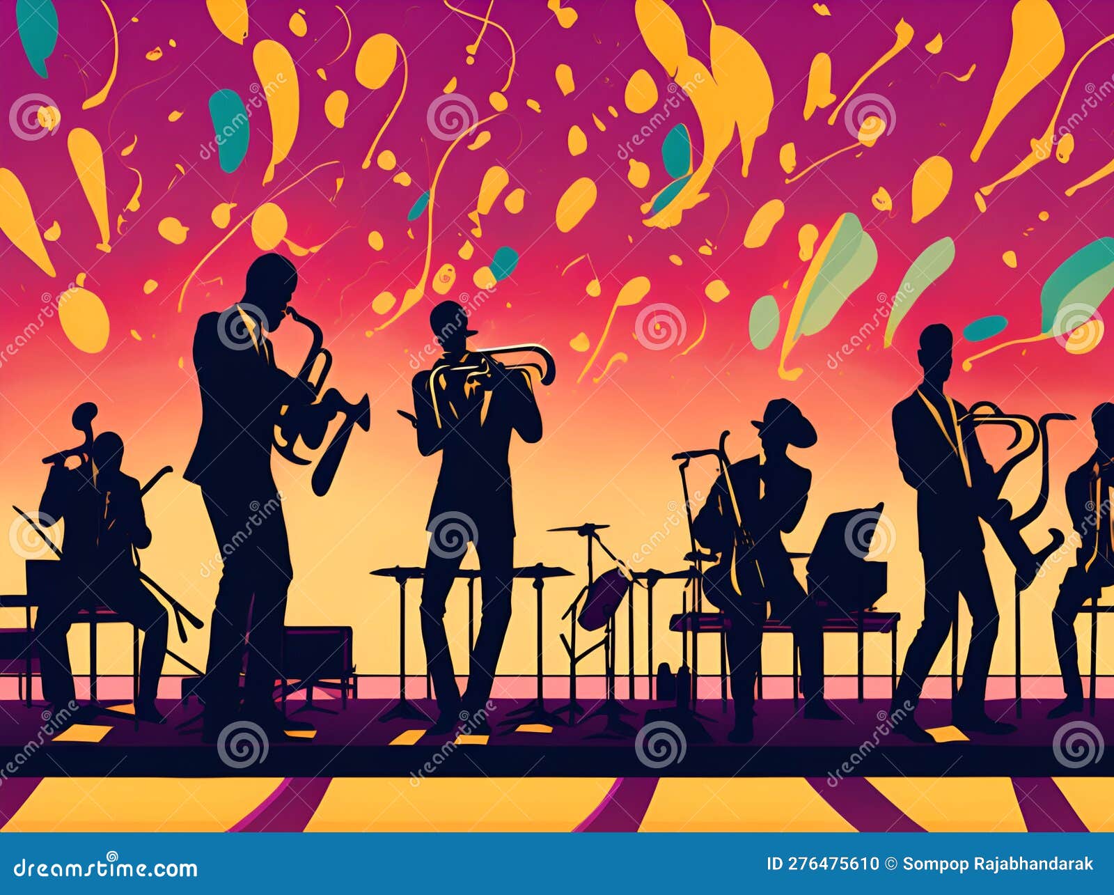 Sillouhate of Jazz Band on Stage with Colorful Backdrop Stock ...