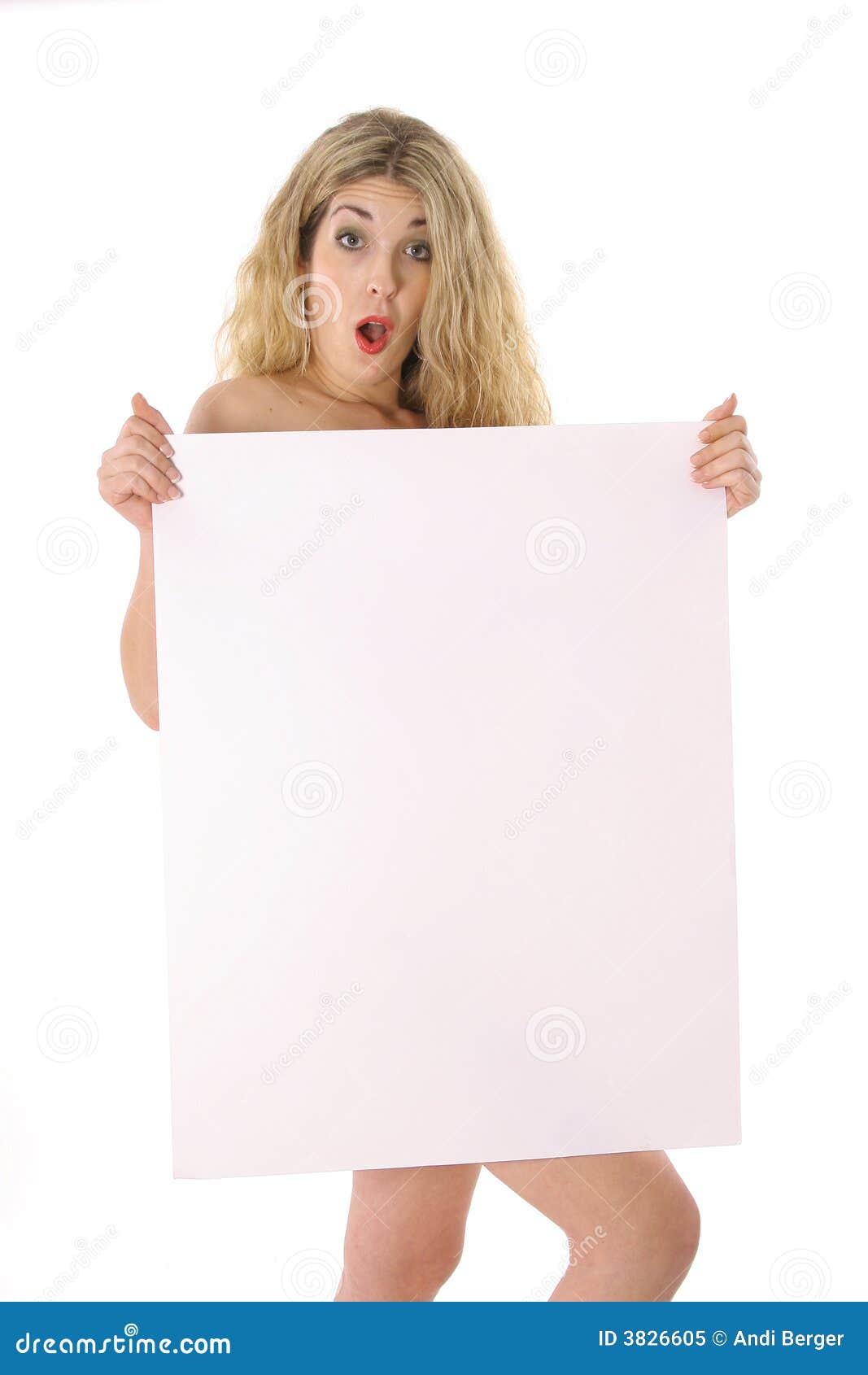 Silly Beautiful Naked Blonde Holding A Blank Sign Royalty Free Stock