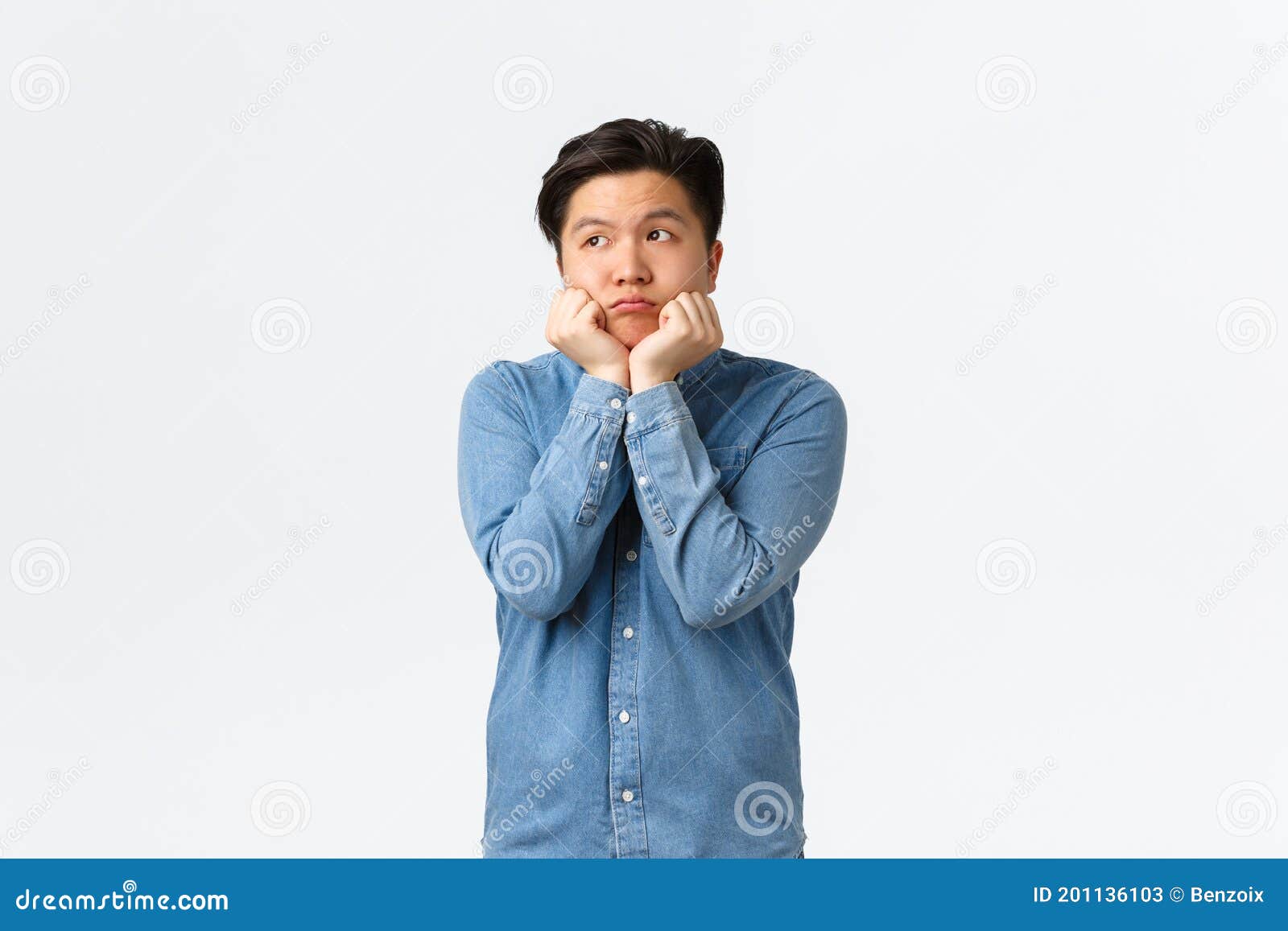 Silly and Cute Dreamy Asian Guy Looking Upper Left Corner with Longing ...