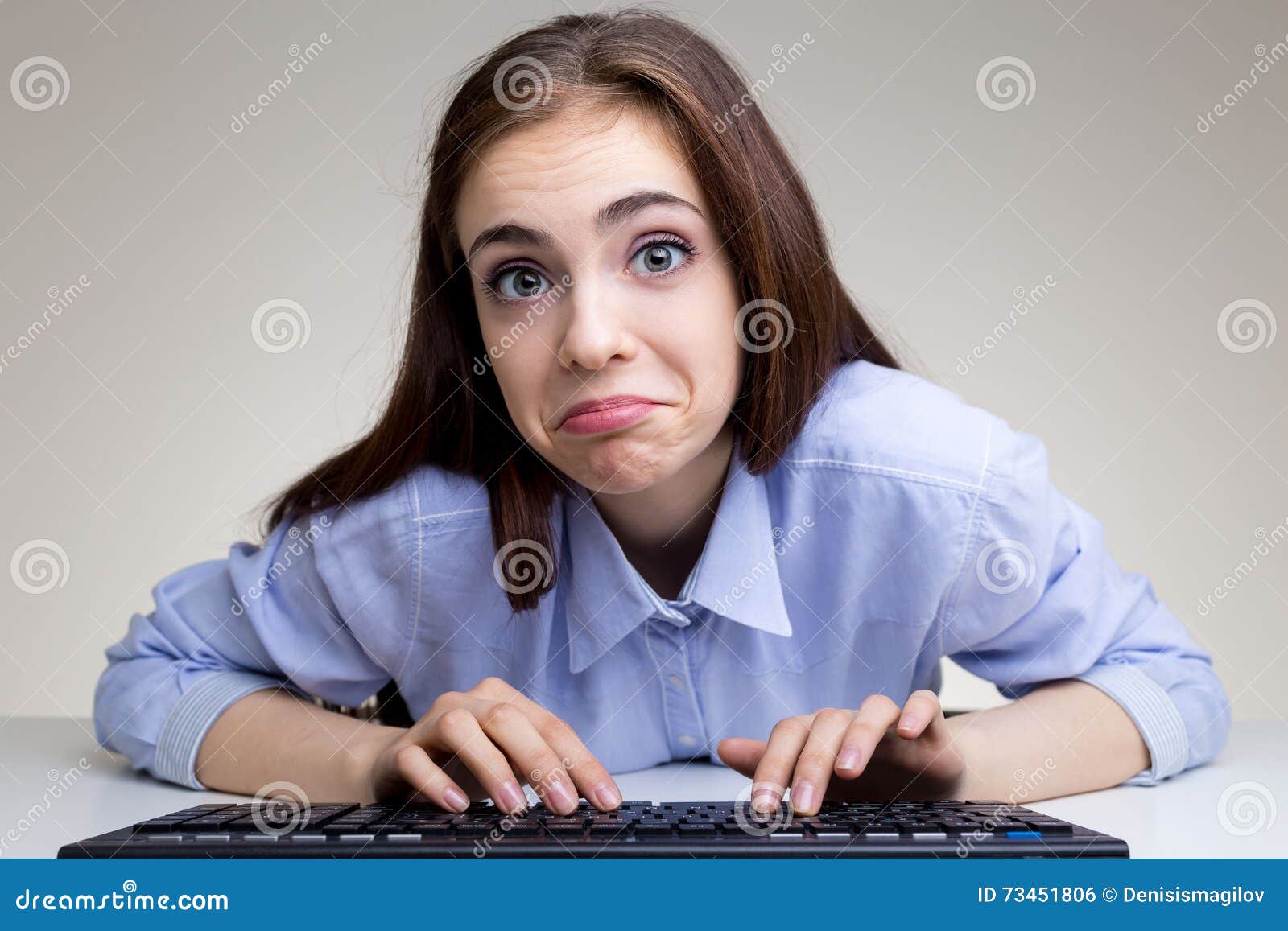 Silly Frowning Woman Using Keyboard Stock Photo - Image of frown ...