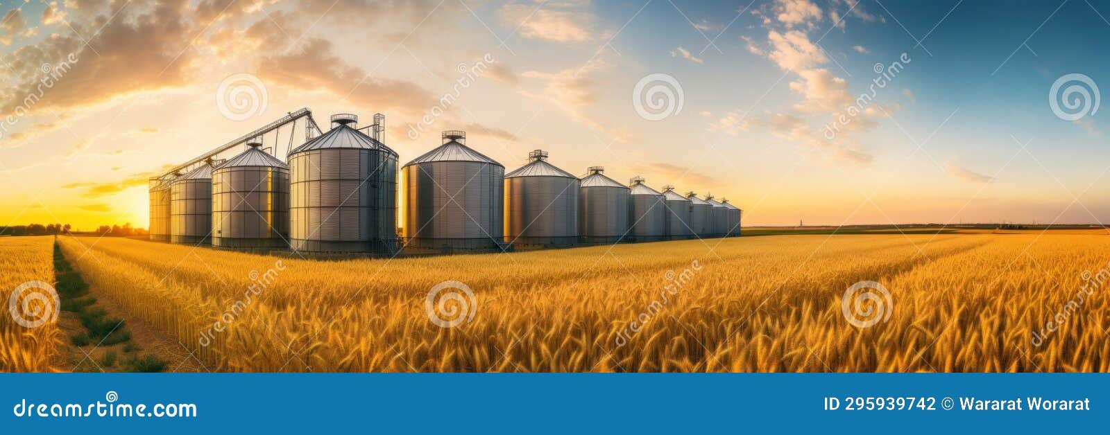 Silos in Wheat Field. Storage of Wheat Production Stock Photo - Image ...