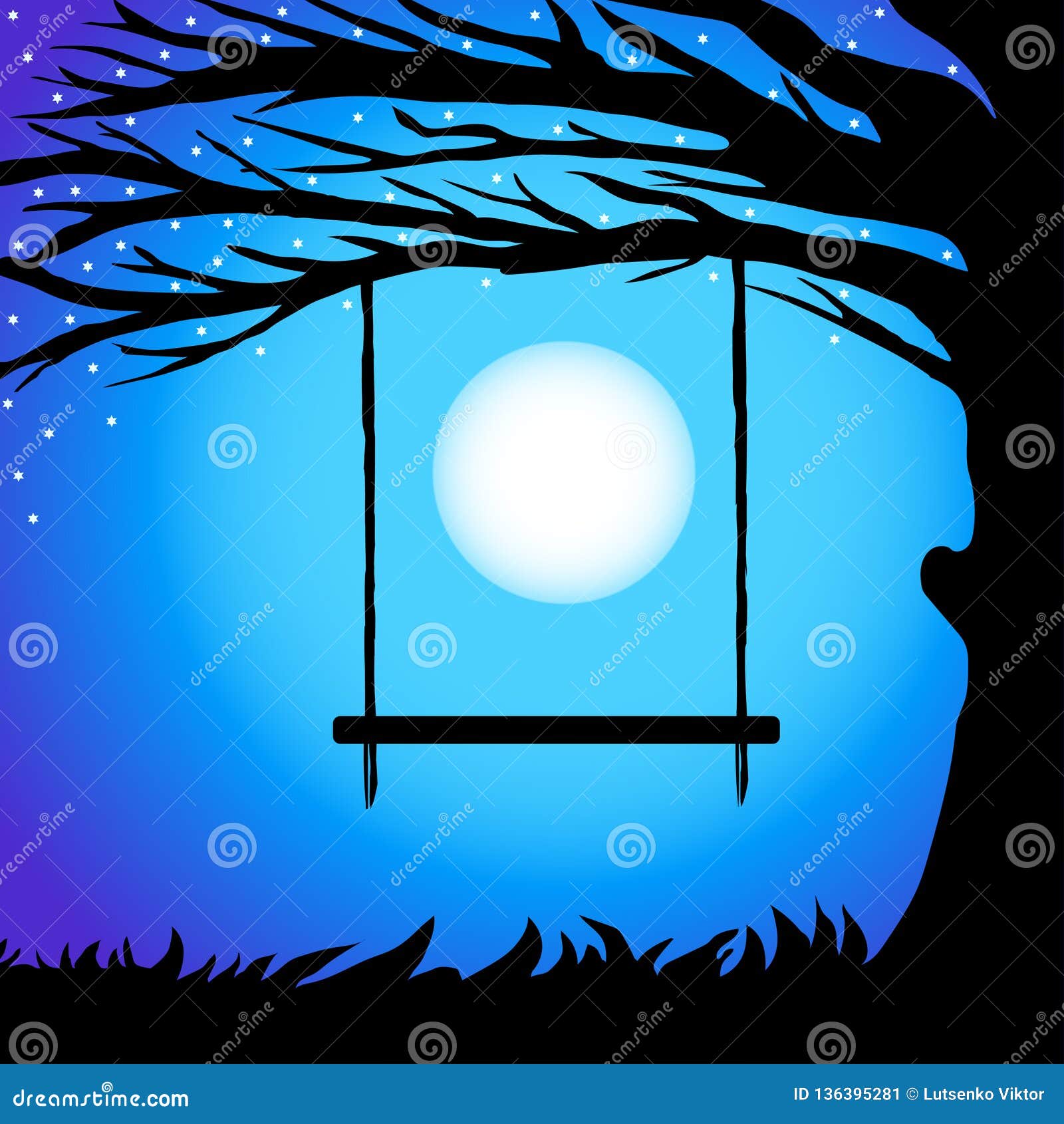 Fun Siluet Branches of Tree with Swing Against the Night Sky in a Full ...