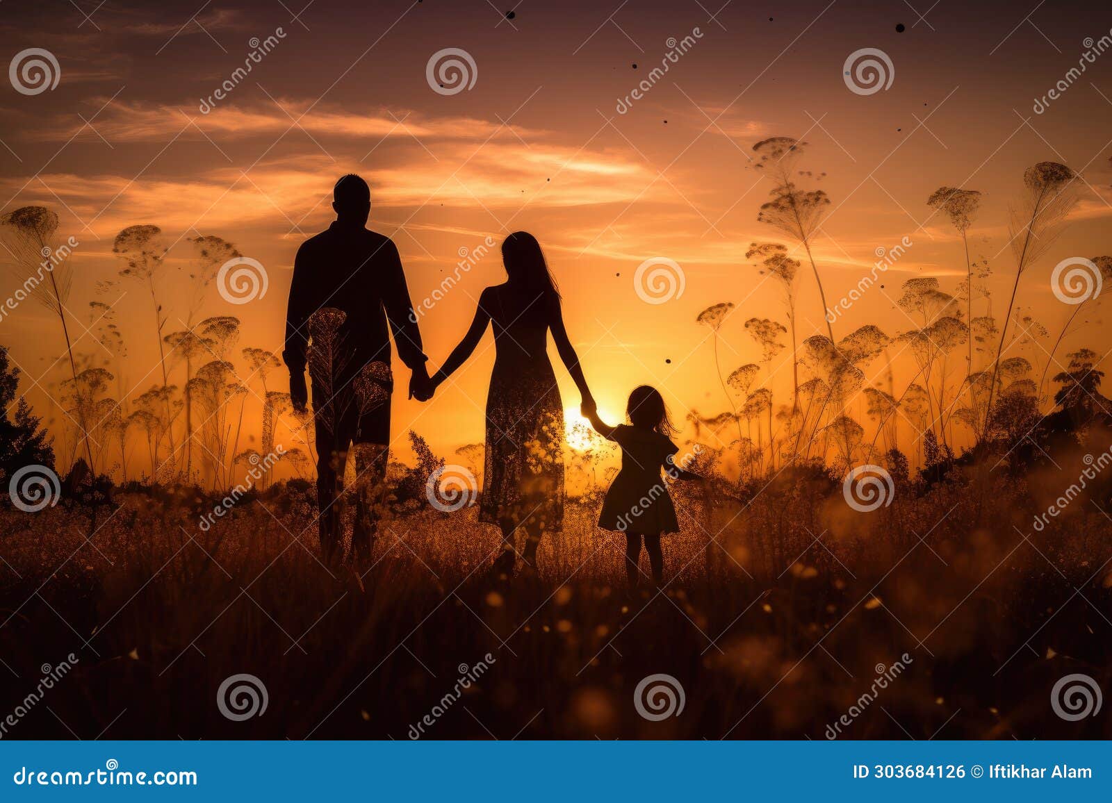 Silueta De La Familia Feliz Al Atardecer En Las Siluetas De La Pradera De Una Familia Feliz