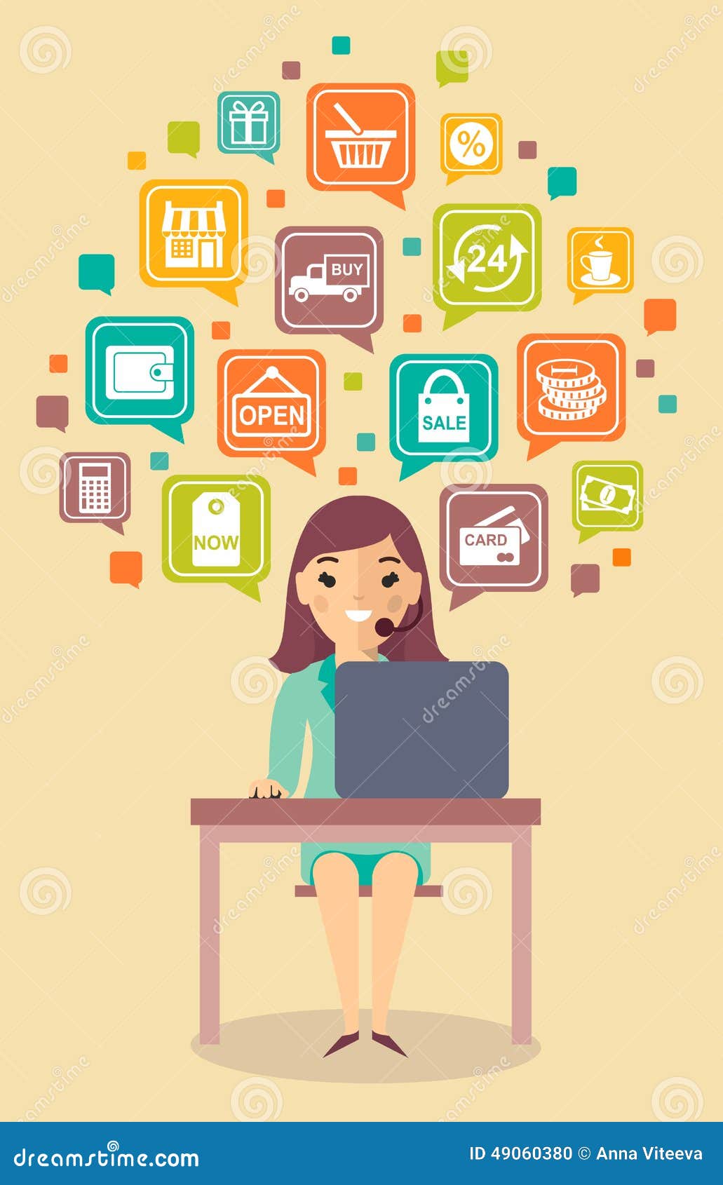 Silueta De Una Dependienta Con Muchos Iconos De Las Compras Ilustración ...