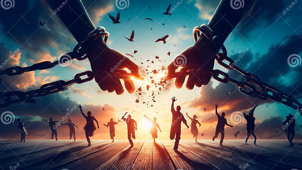Siluetas De Manos Rompiendo La Cadena. Concepto De Libertad. Ai ... Siluetas De Manos Rompiendo La Cadena. Concepto De Libertad. Ai ...