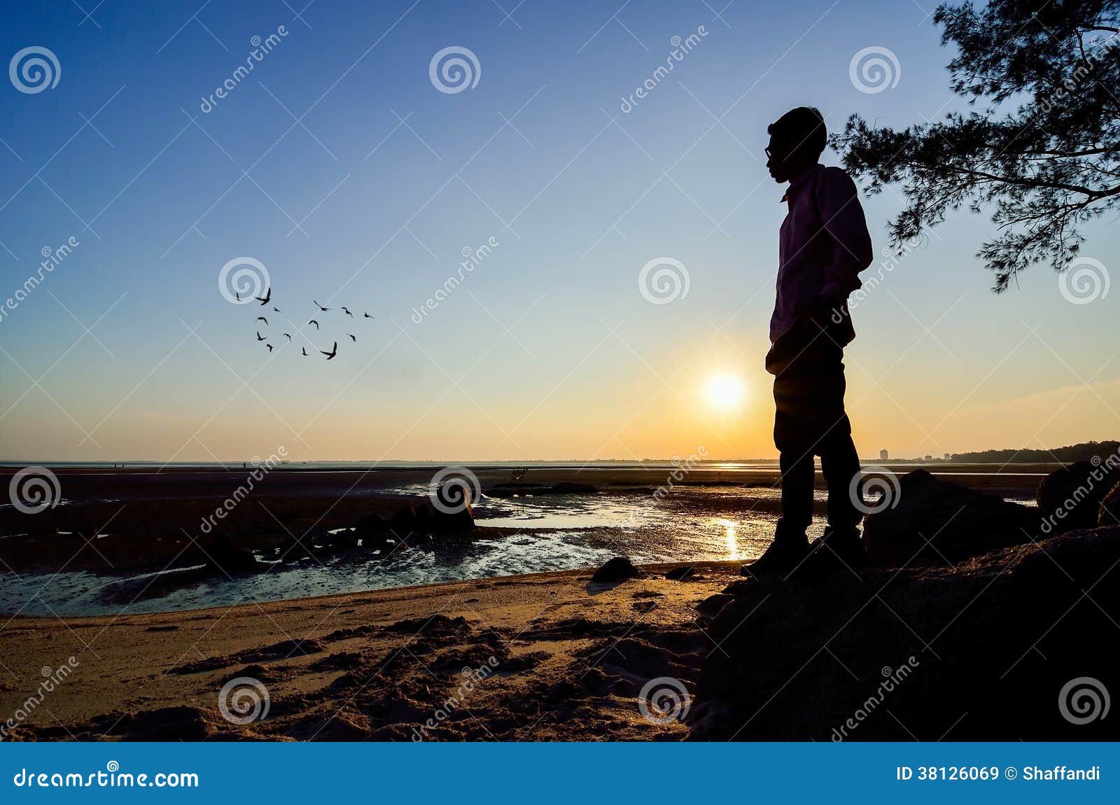 Siluetta Dell'uomo Che Guarda Al Sole Immagine Stock - Immagine di ...