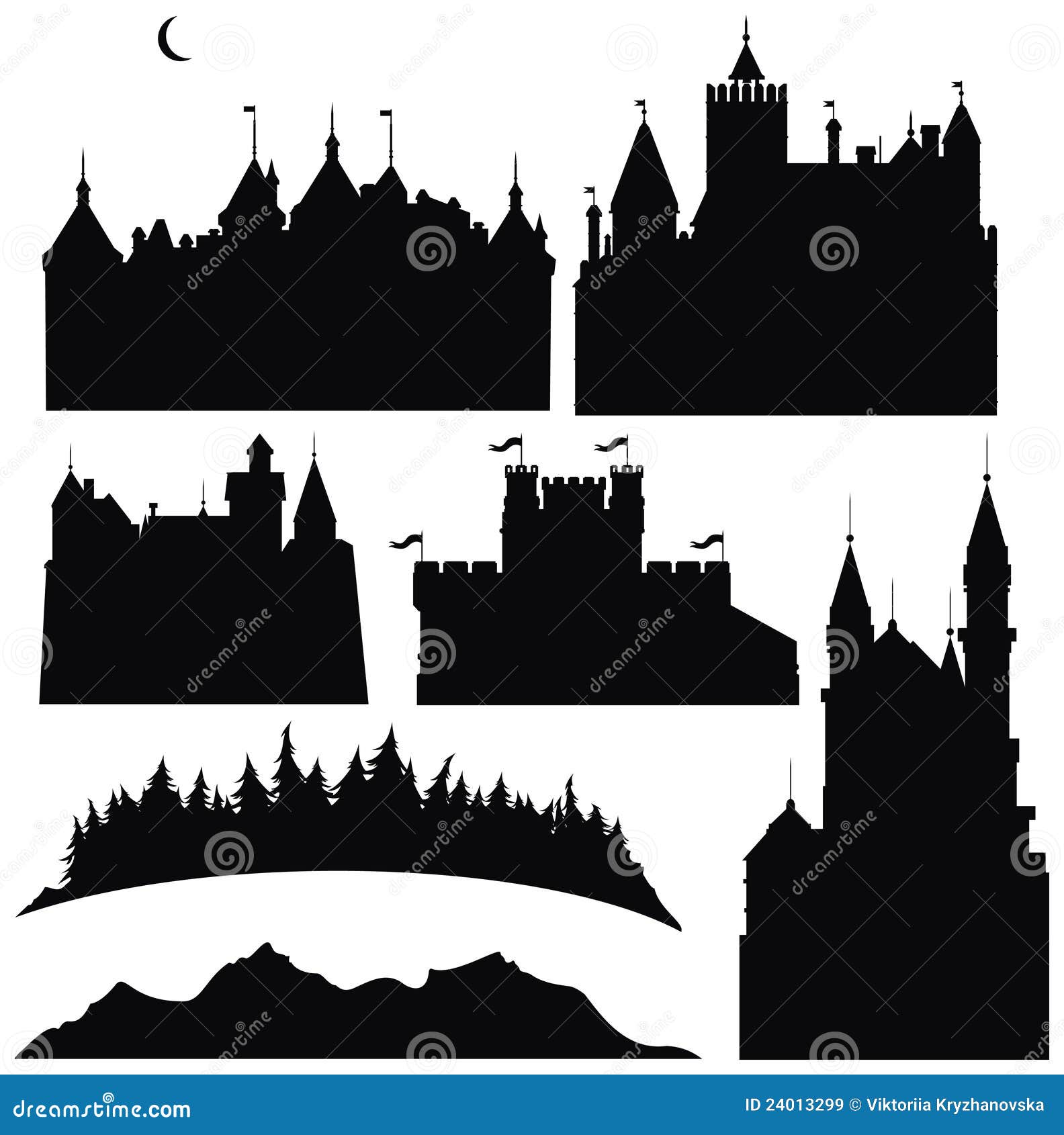 Siluette Dei Castelli E Degli Elementi Per Il Disegno Illustrazione ...