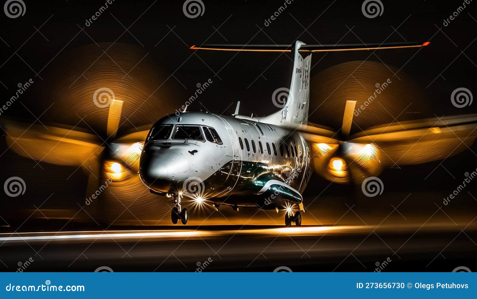 A Silver Airplane is on a Runway with Lights on it Stock Illustration ...