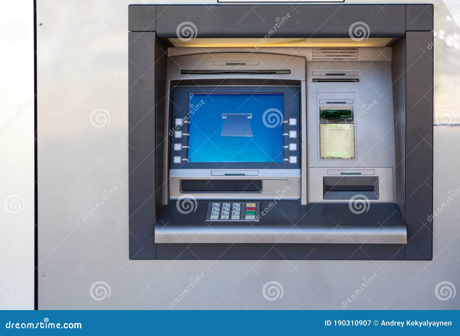Silver Atm Machine with Screen and Buttons is in Building Wall, Nobody ...