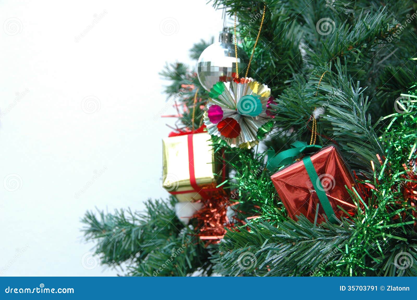 Silver Ball and Present on the Christmas Tree Stock Image - Image of ...