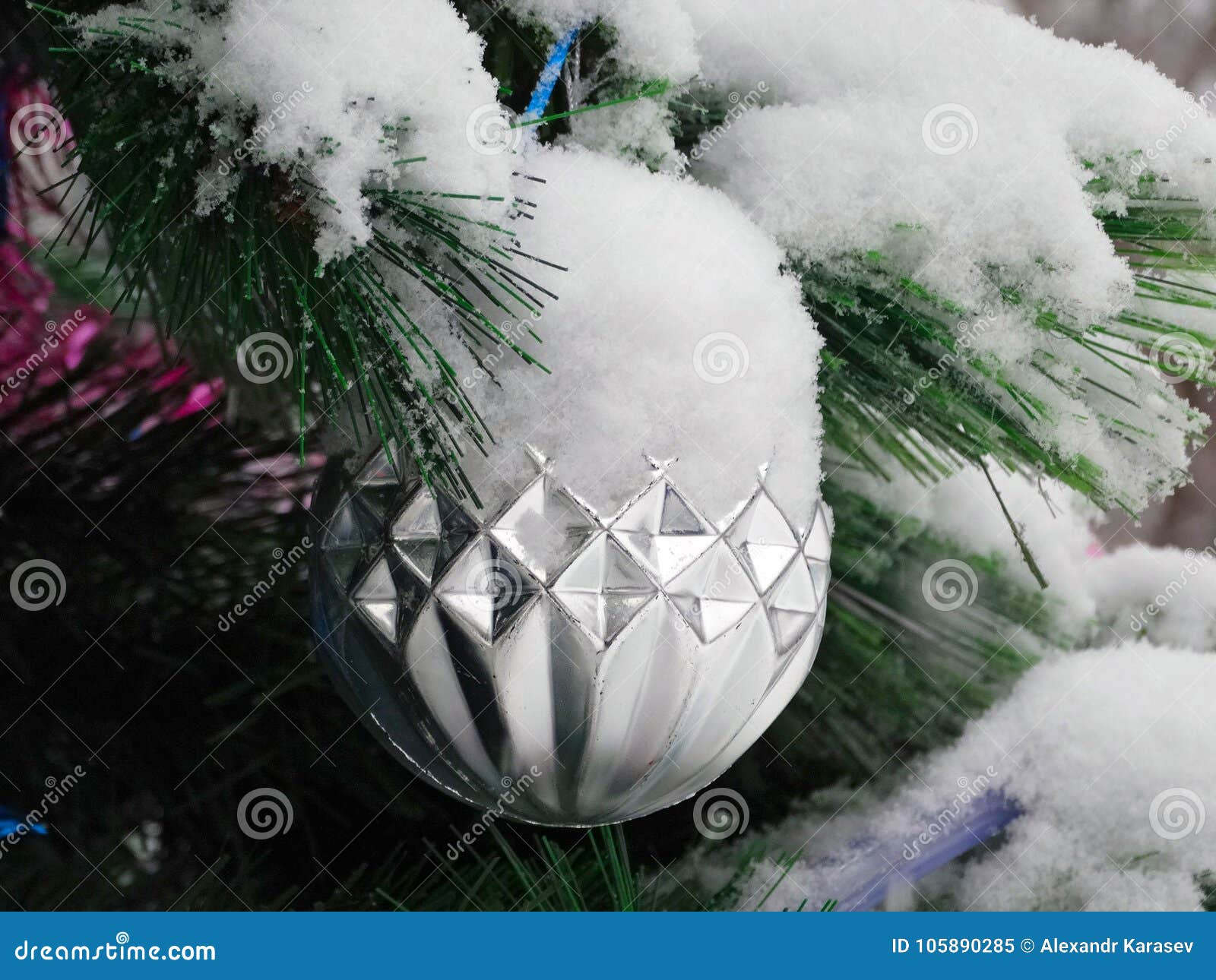 Silver Ball on Snowy Pine Tree Stock Image - Image of ball, beautiful ...
