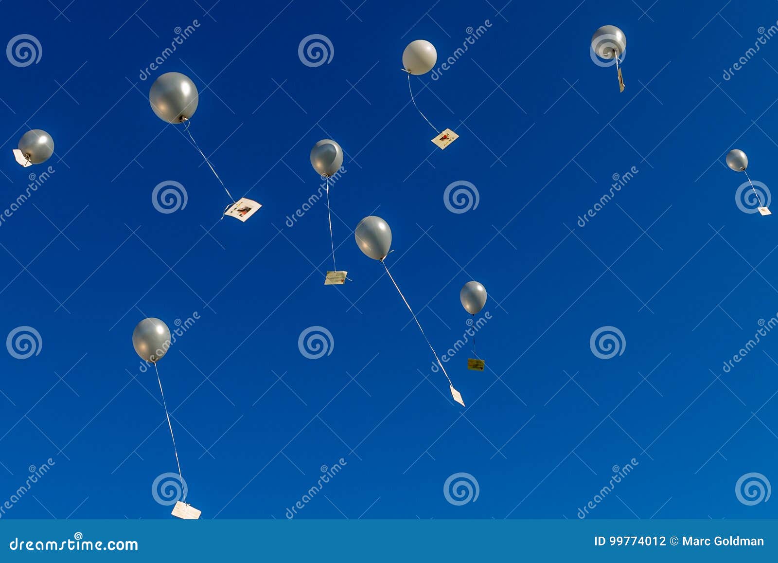 Silver Balloons Going Up in the Blue Sky Stock Photo - Image of design ...