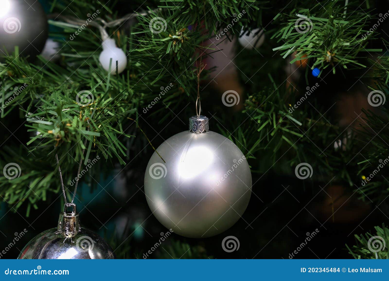 Silver Balls Hang on the Christmas Tree Stock Photo - Image of bright ...