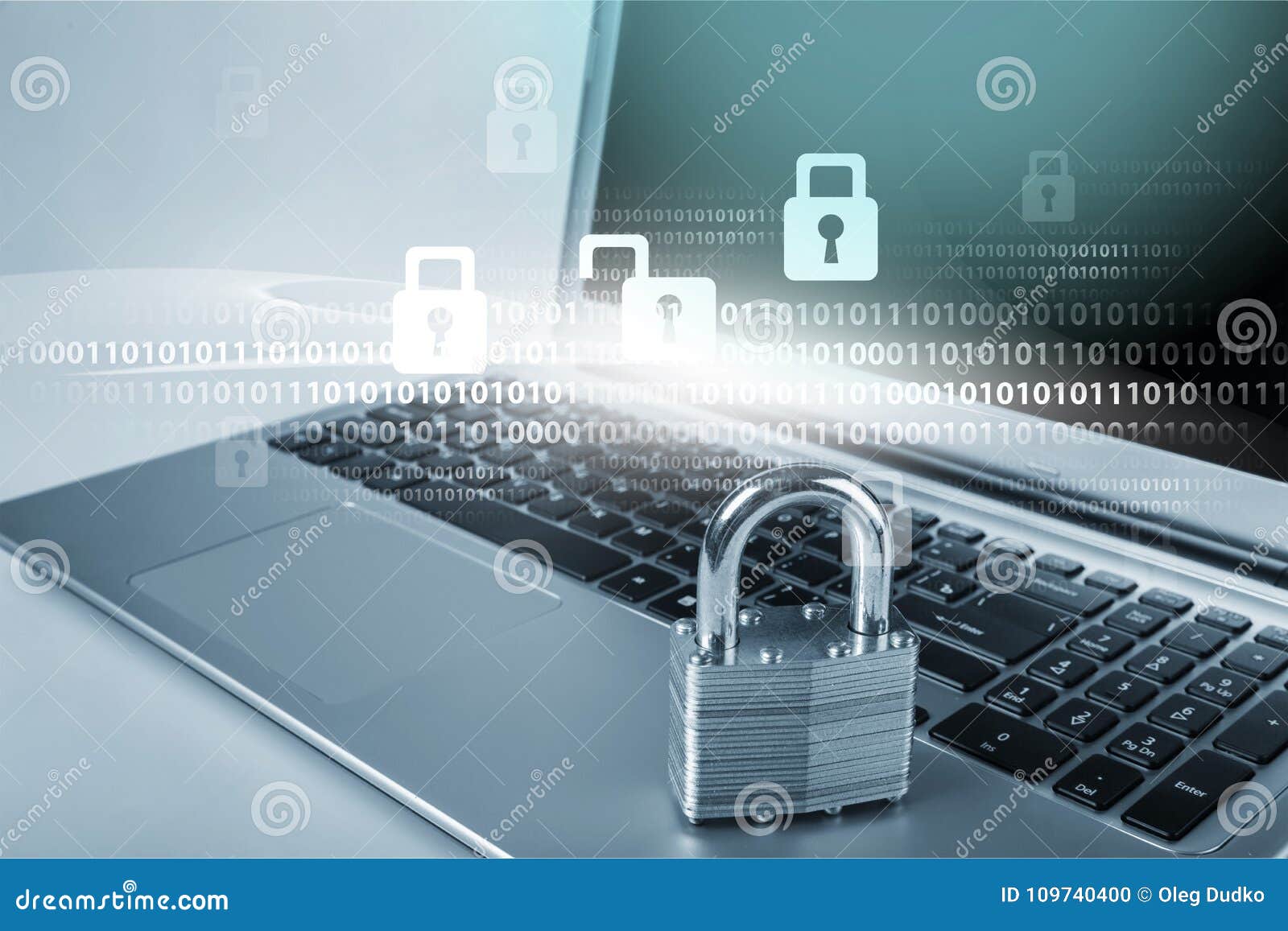 Silver Laptop with Big Lock and Icons on Table Stock Photo - Image of ...