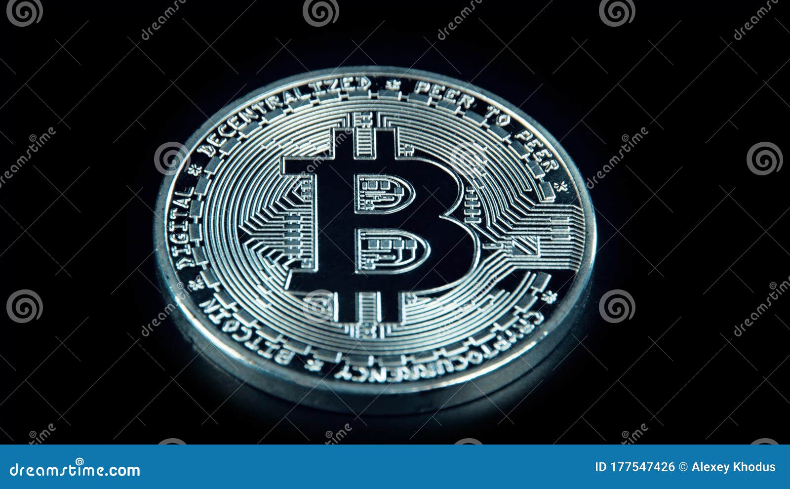 SIlver Bitcoin Coin on Black Background. Silver Crypto Coin on Spinning ...