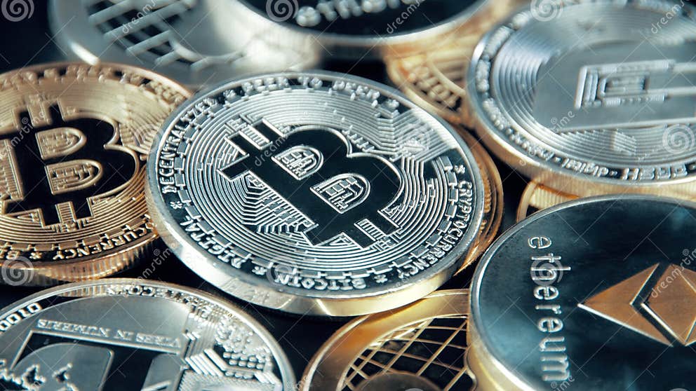 SIlver Bitcoin Coin on Black Background. Silver Crypto Coin on Spinning ...