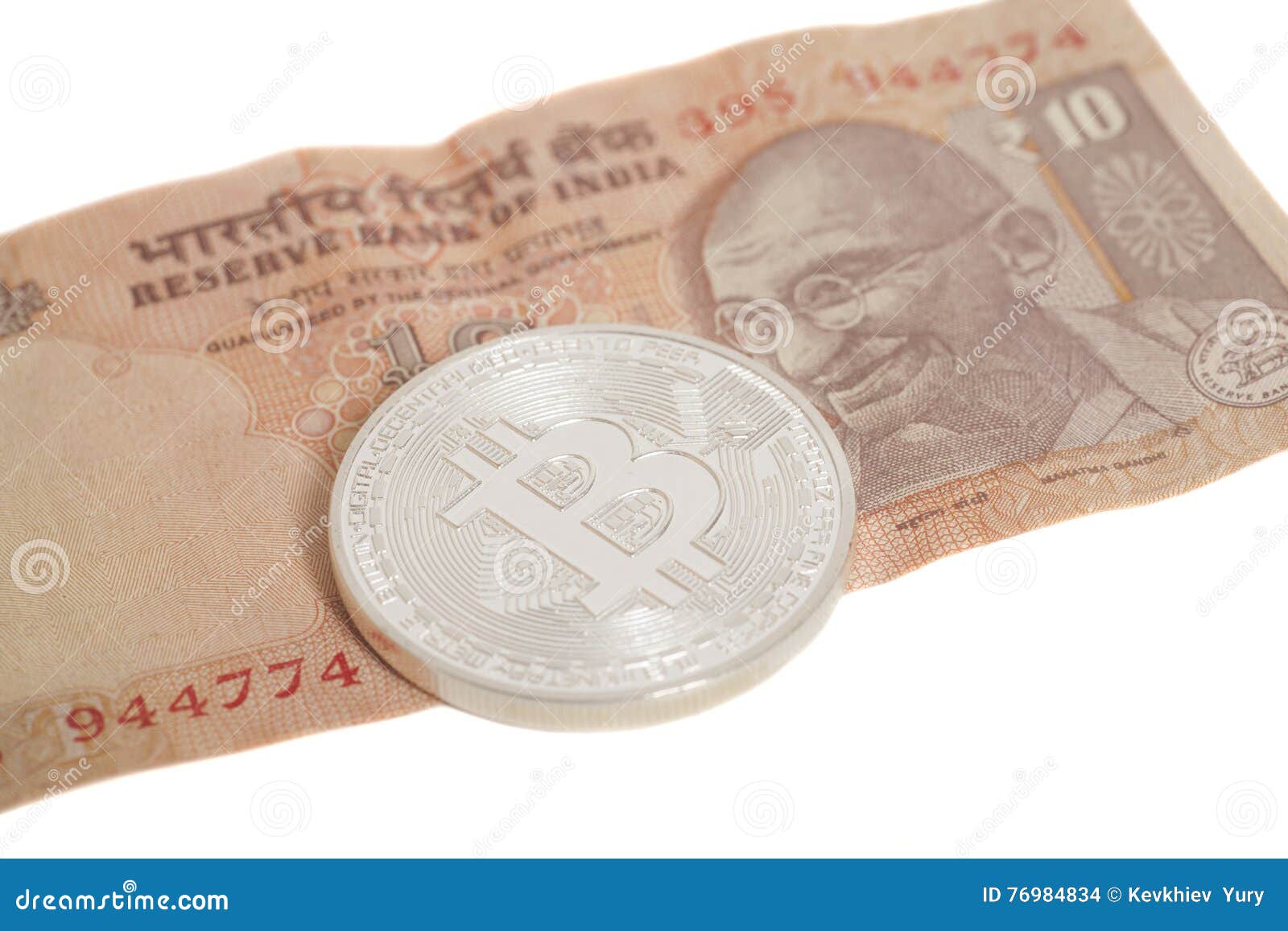 Silver Bitcoin Coin on Indian Ten Rupee Stock Photo - Image of banking ...