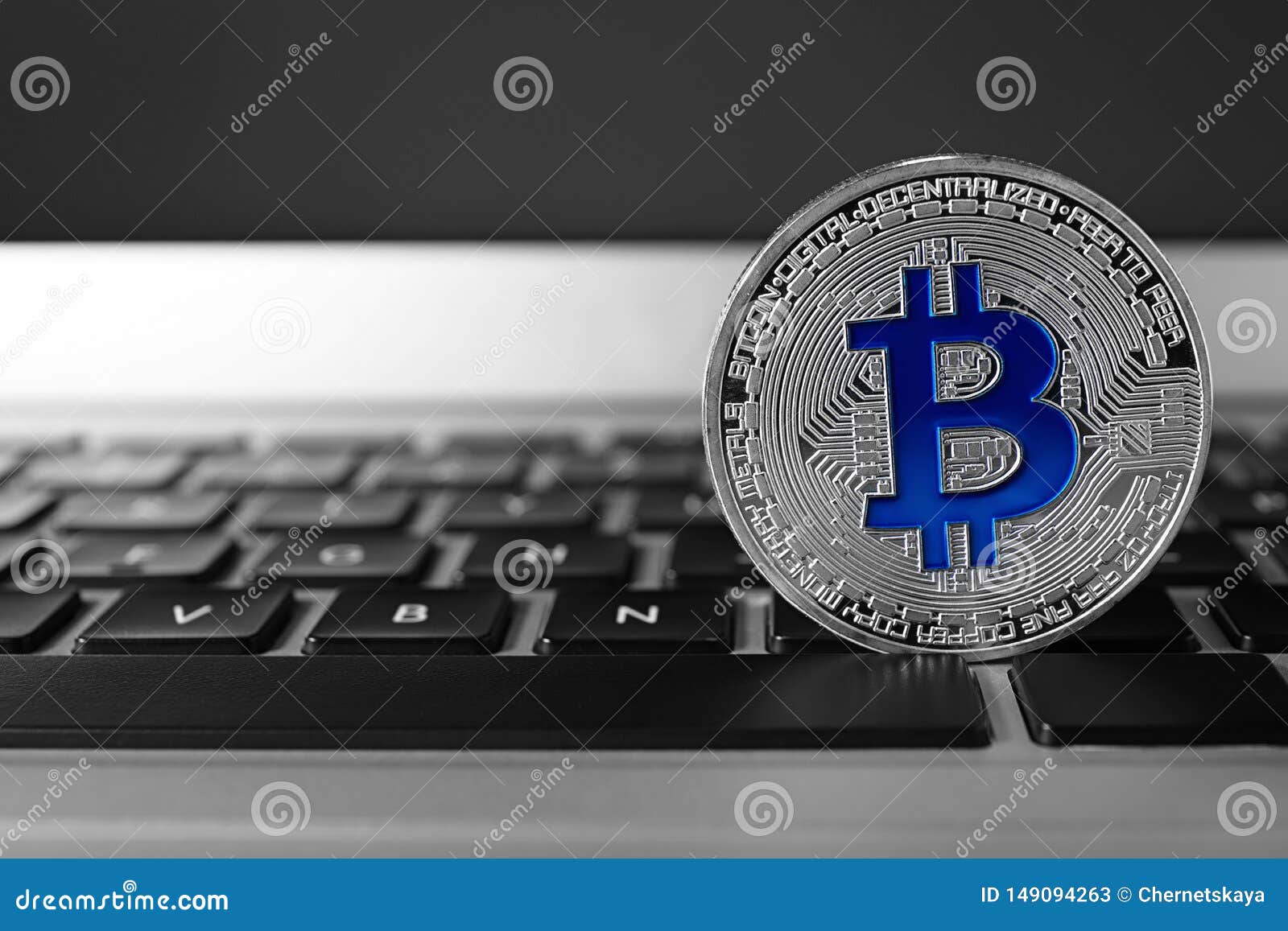 Silver Bitcoin on Computer Keyboard. Digital Currency Stock Image ...