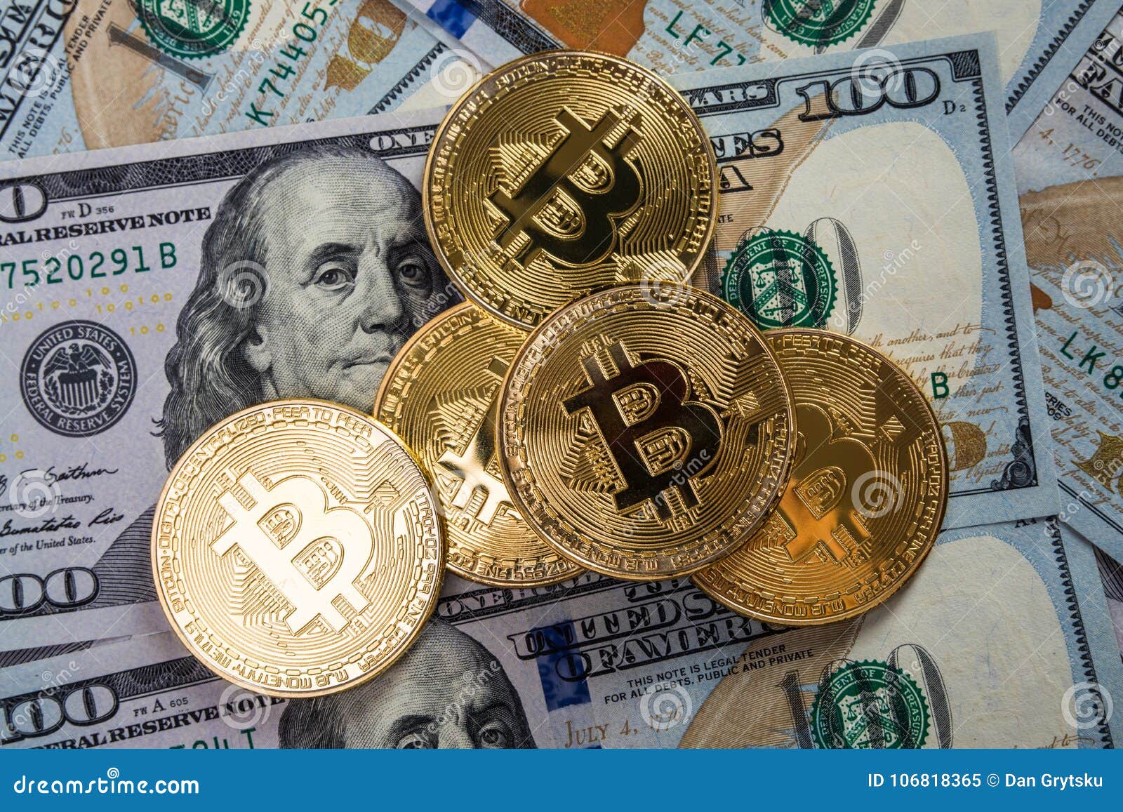 Silver Bitcoin on Us Dollars Banknotes. Mining Concept Stock Image ...