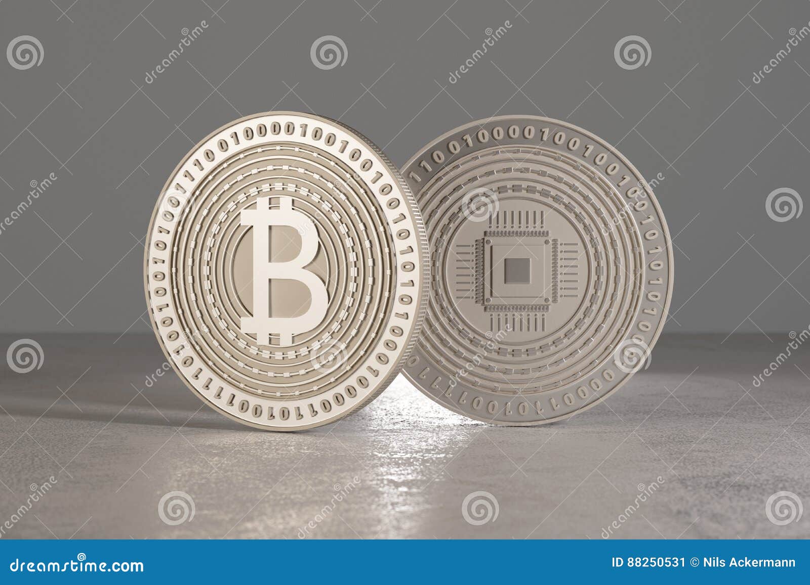 Silver Bitcoins Standing on Metal Floor with Dramatic Lighting As ...