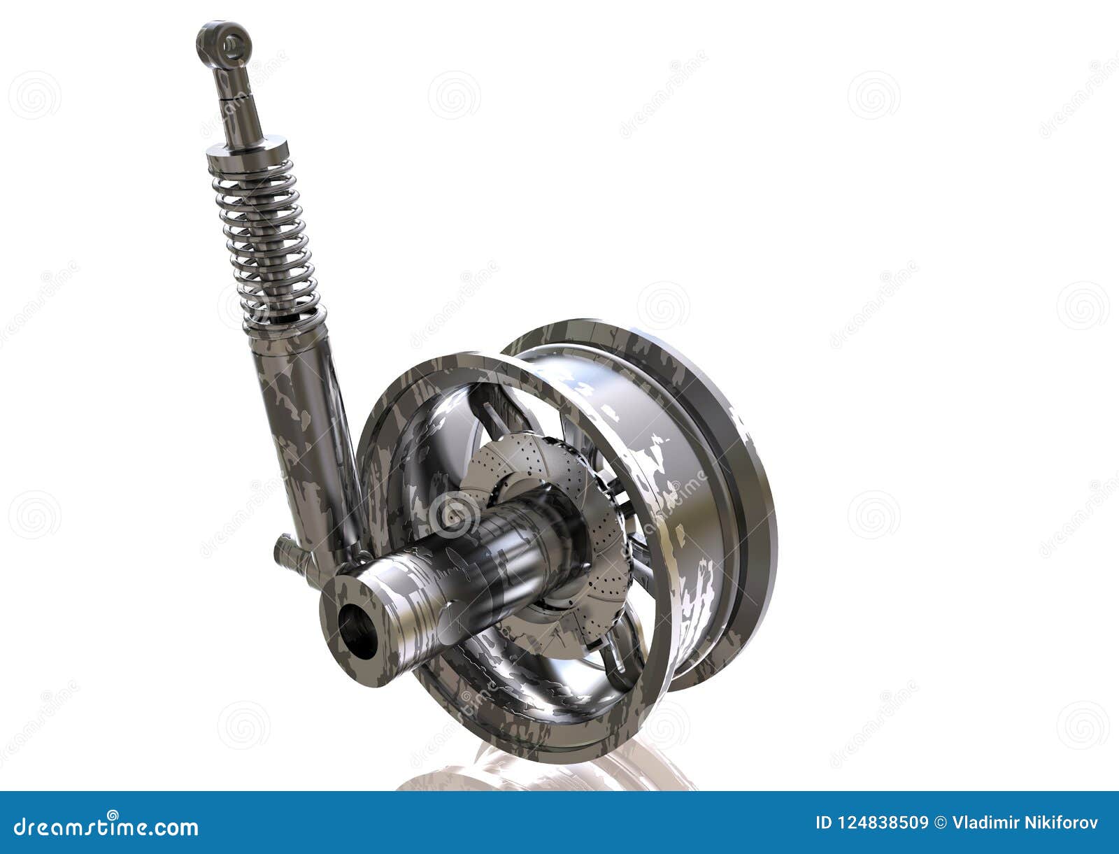 Silver and Black Wheel and Shock Absorber on a White Stock Illustration ...