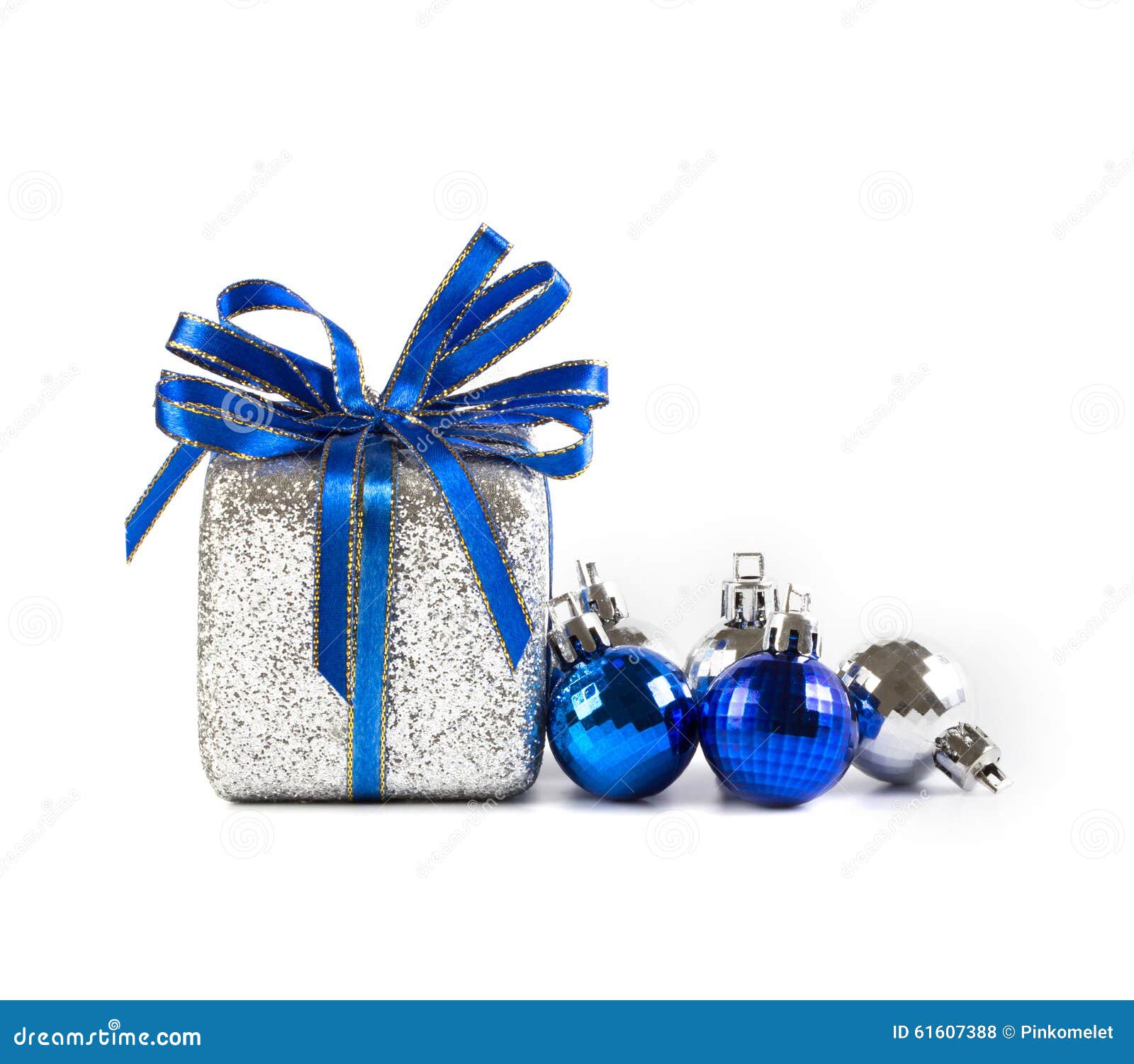 Silver and Blue Christmas Balls and Gifts on White Background Stock ...
