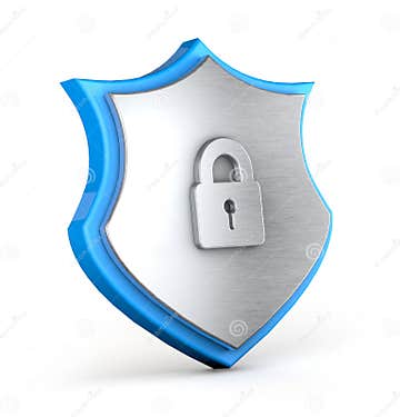 Silver and Blue Shield with Silver Lock on White Background. Shield ...