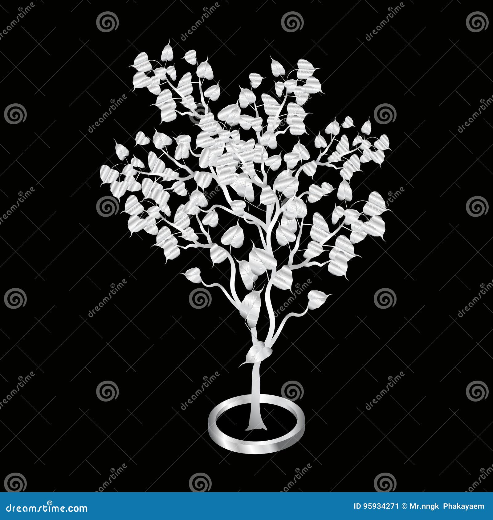 Silver Bodhi Tree Isolated On Black Background. Cartoon Vector ...