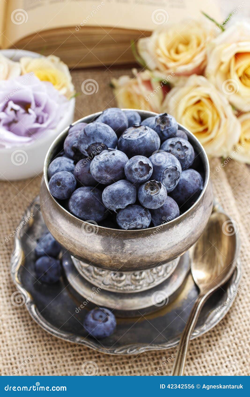 Silver bowl of blueberries stock photo. Image of colors - 42342556