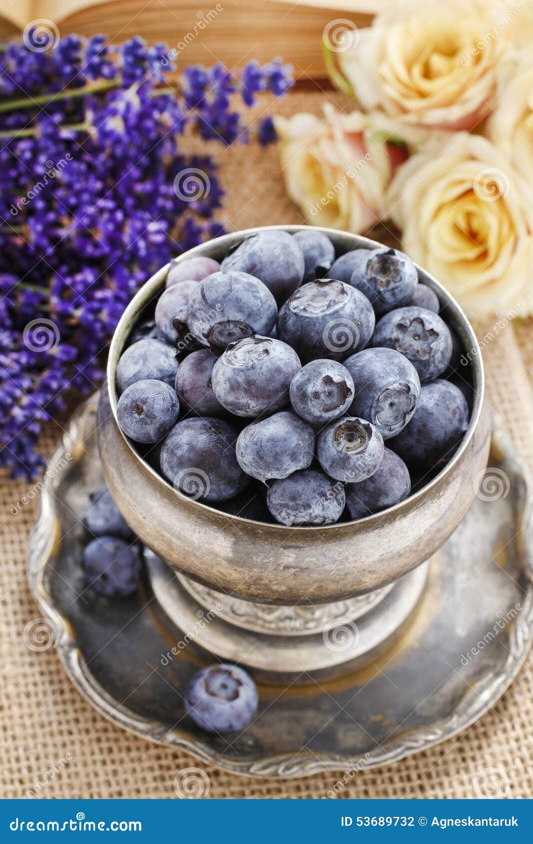 Silver bowl of blueberries stock photo. Image of flower - 53689732