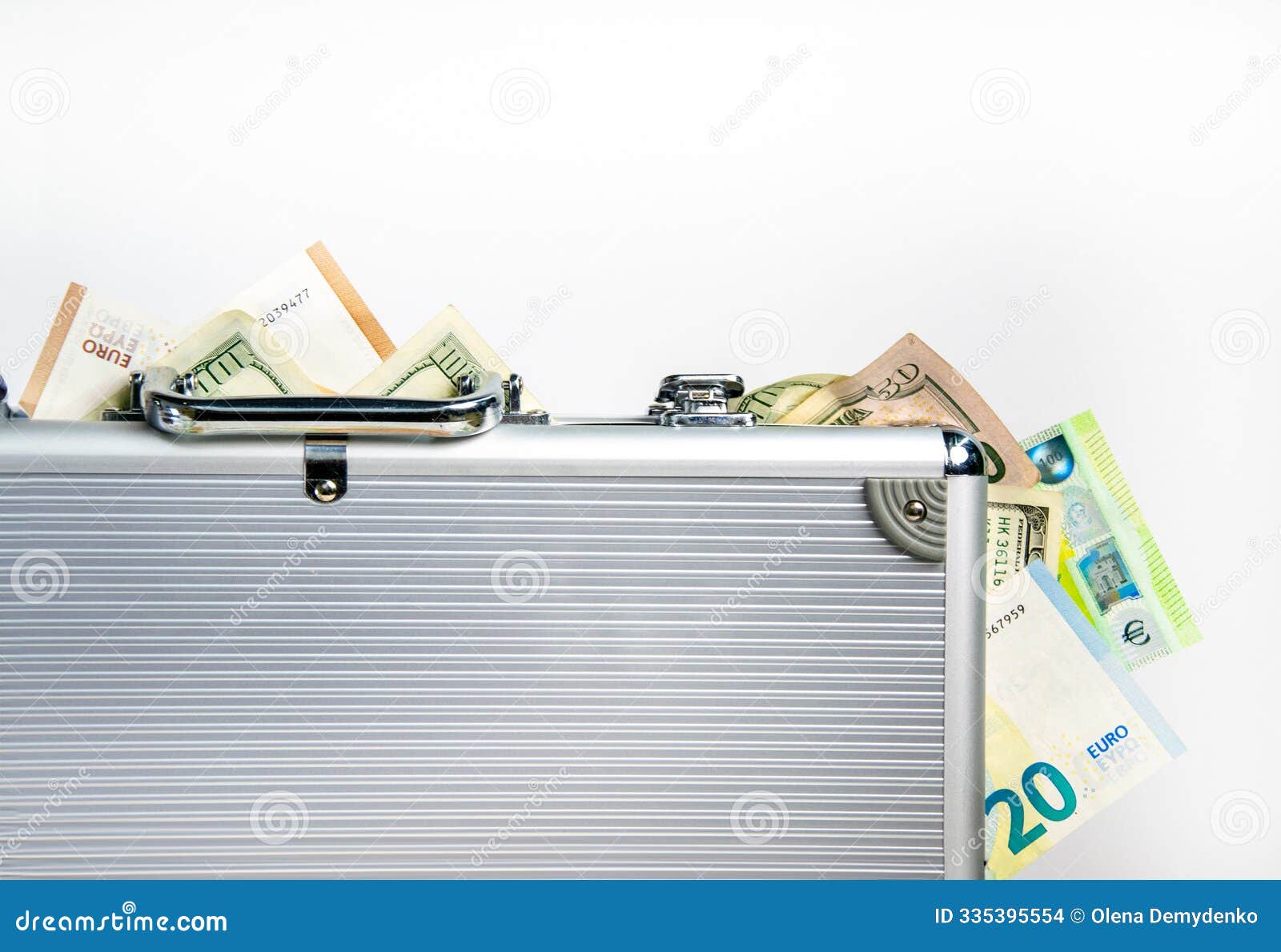 A Silver Briefcase, Partially Open, with US Dollar Bills and Euro Bills ...