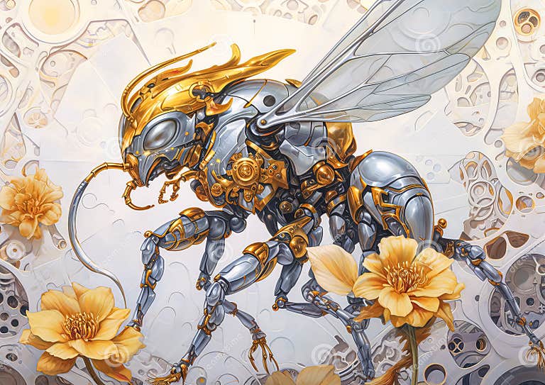 A Silver Bug with Gold Wings is on a White Background Stock Image ...