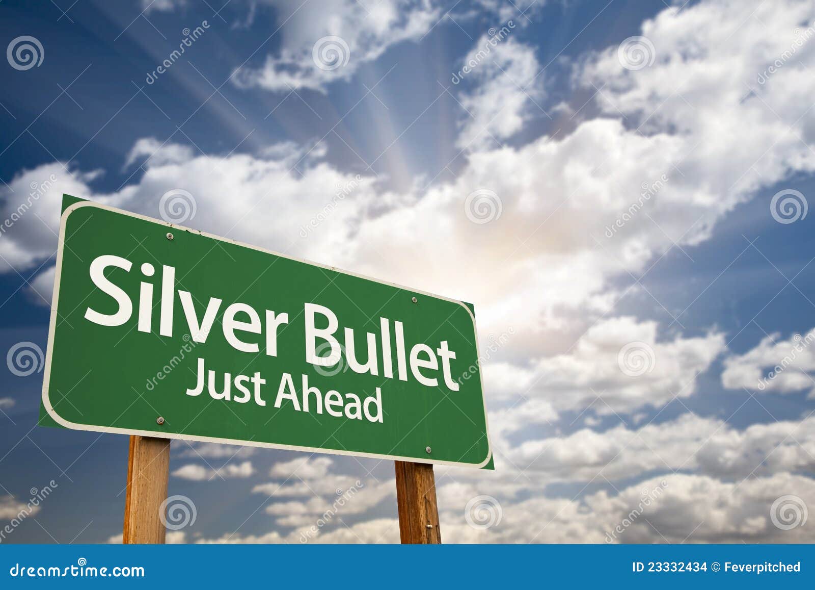 Silver Bullet Just Ahead Green Road Sign and Clouds Stock Photo - Image ...