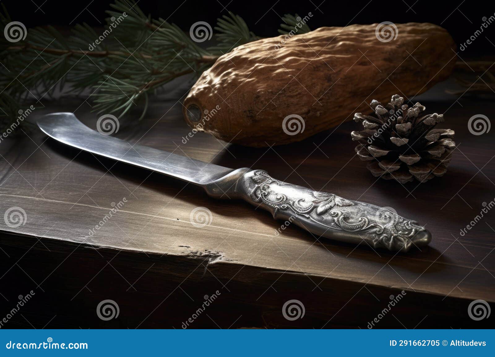 A Silver Butter Knife Partially Embedded in the Surface of an Antique ...