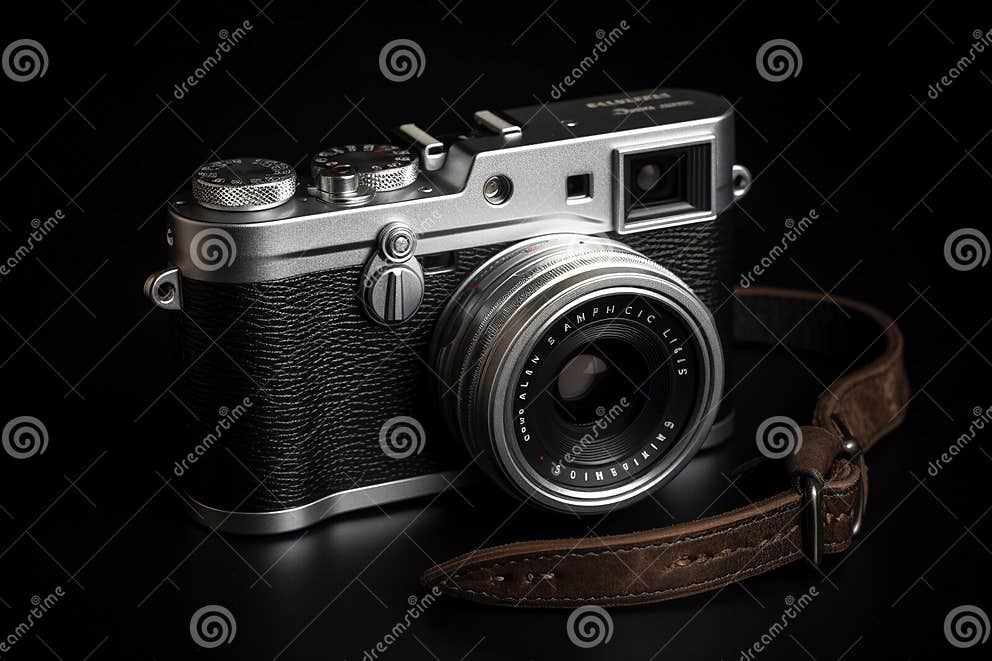 Silver Camera with Strap on Black Surface, Ai Artwork Stock ...