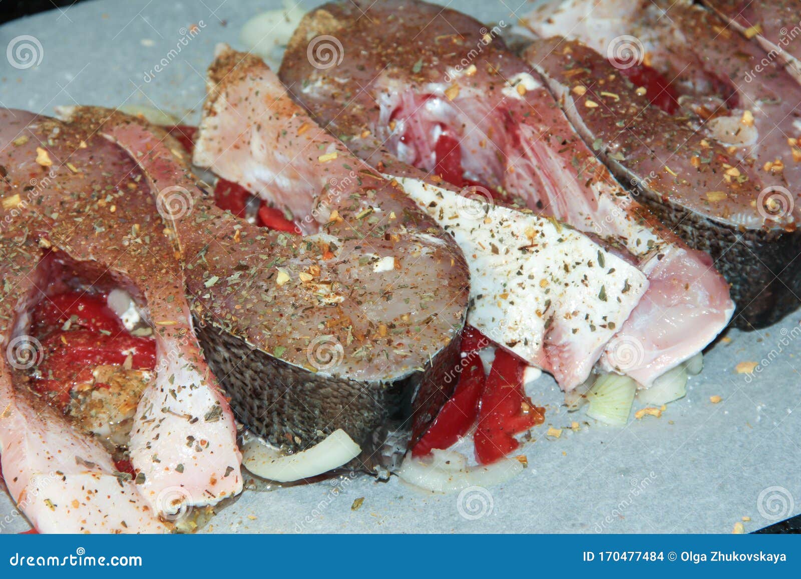 Silver Carp Fish Fillet with Spices and Red Pepper Stock Photo - Image ...