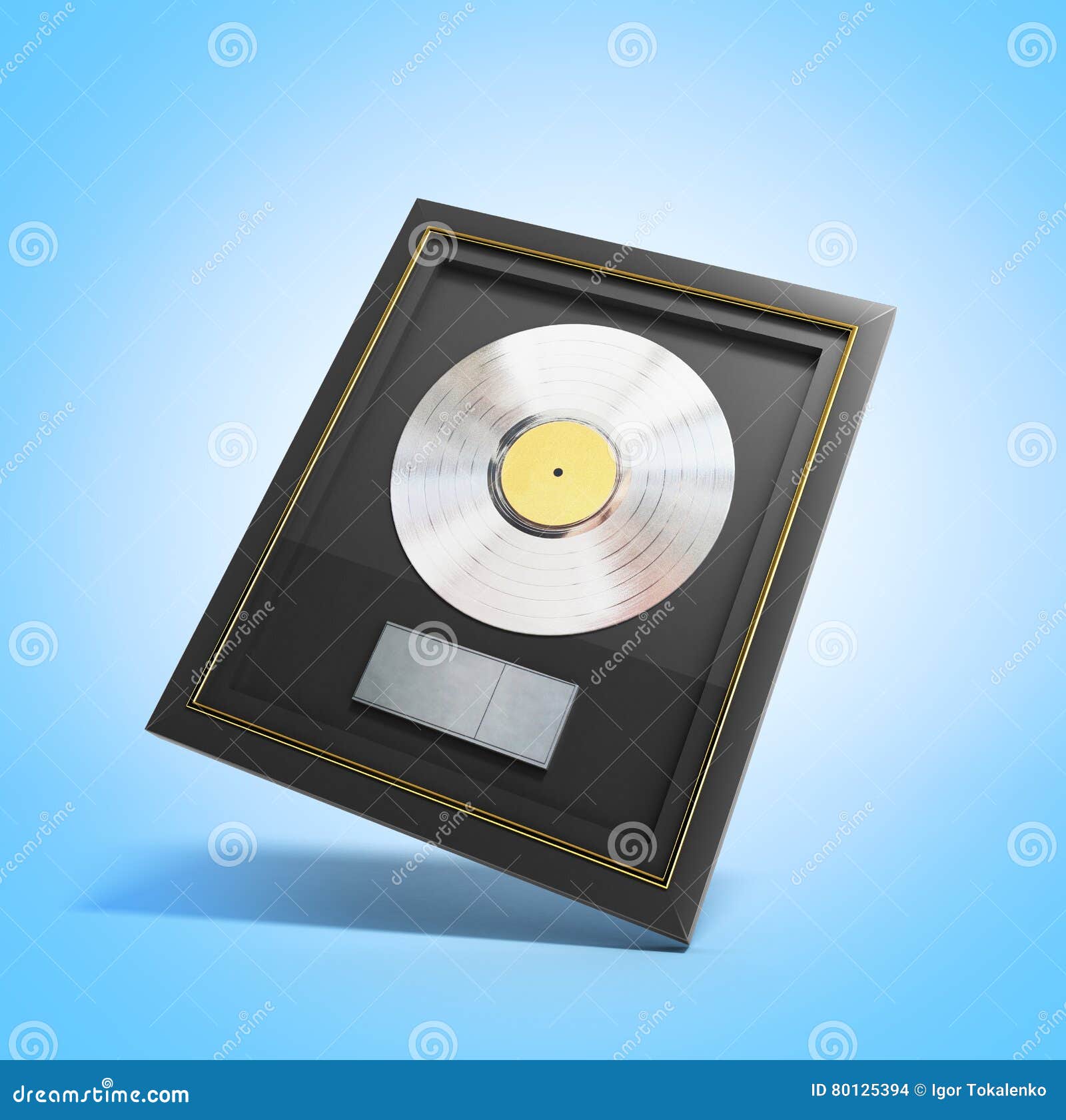 Silver CD Prize with Label in Frame on Wall 3d Render on Blue Stock ...