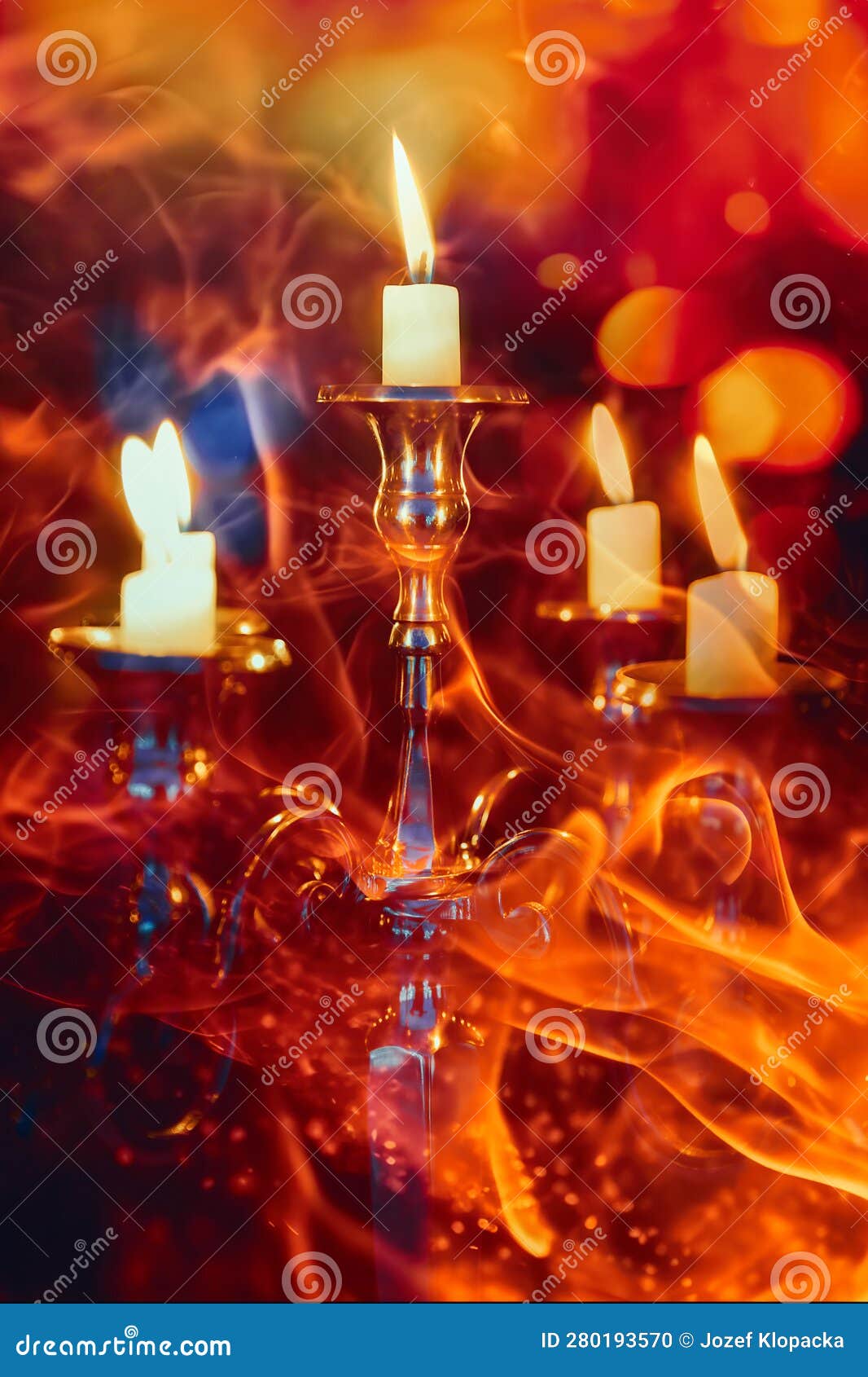 Silver Chandelier and Burning Candles and Fire Effect. Stock Photo ...