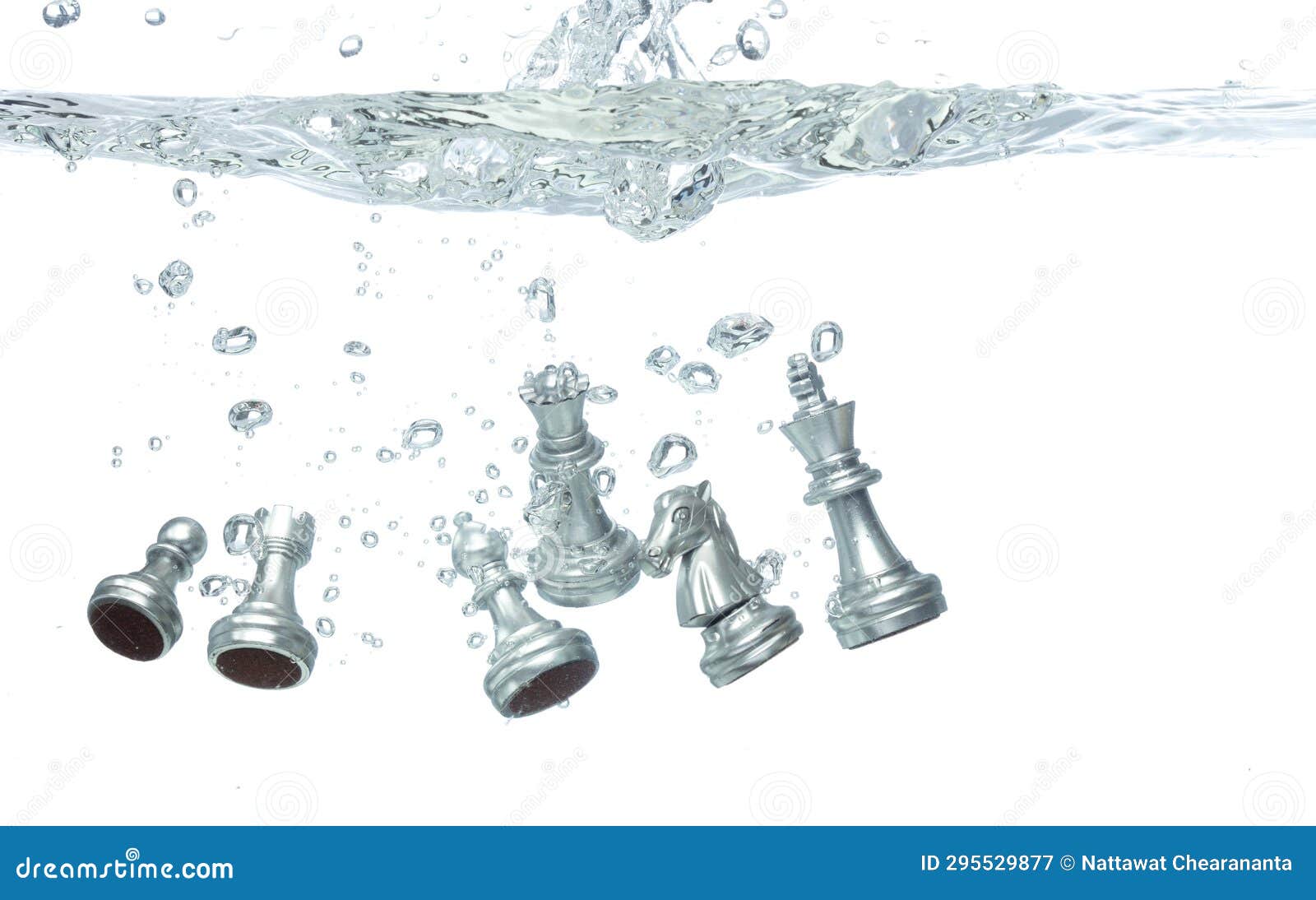 Silver Chess Many Figure Throw Fall into Clear Water with Air Bubble ...