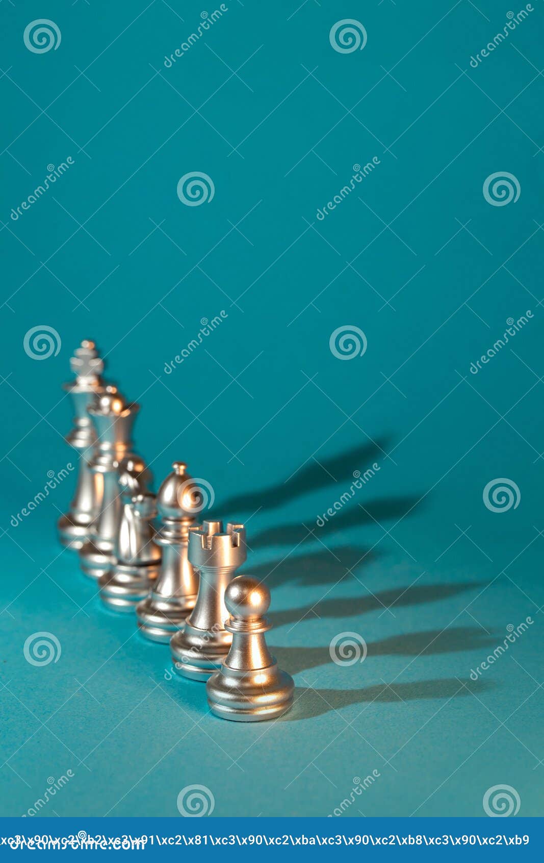 Silver Chess Pieces Stand in a Row on a Blue Background Stock Photo ...