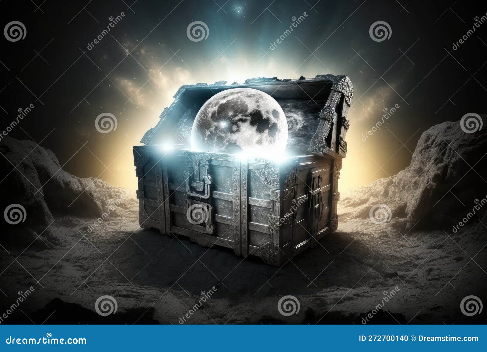 Silver Chest on the Moon with Bright Rays of Light Around Stock ...