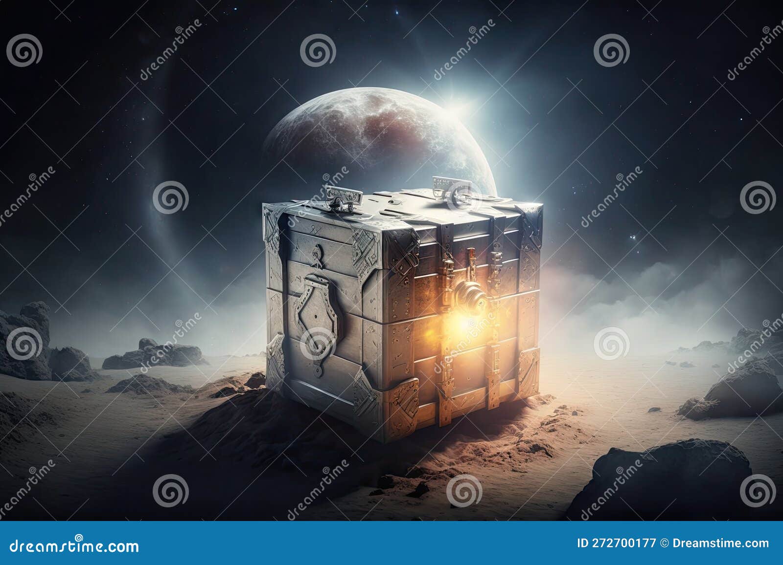 Silver Chest on the Moon with Bright Rays of Light Around Stock ...