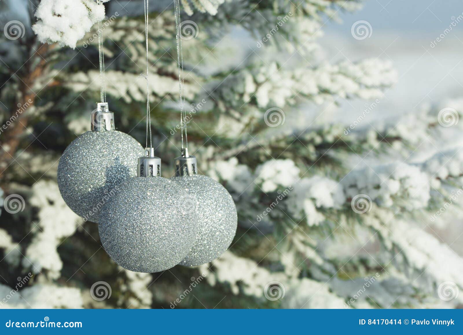 Silver Christmas Balls Hanging on a Branch of Fir Tree Stock Photo ...