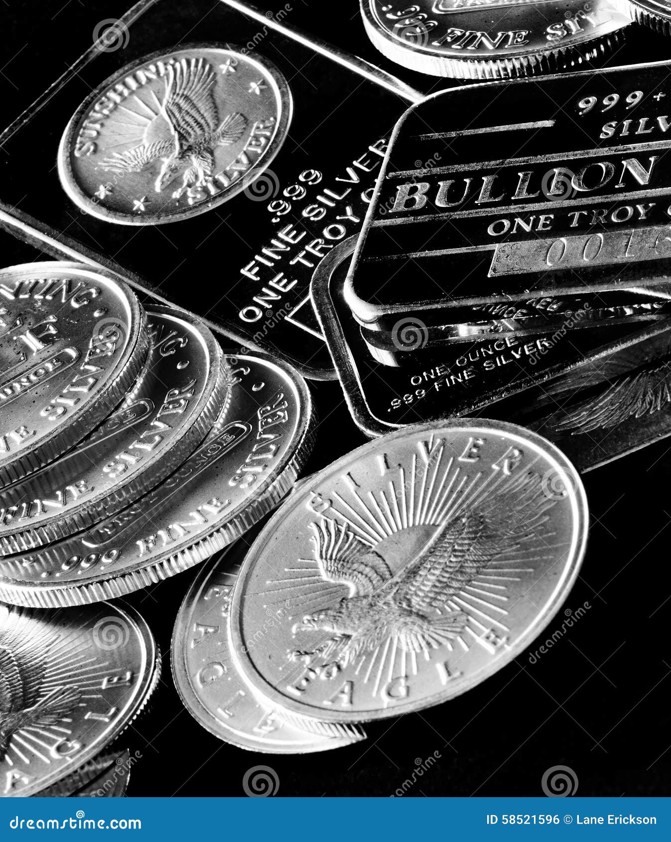 Silver Coins and Bars Representing Wealth Stock Photo - Image of ...