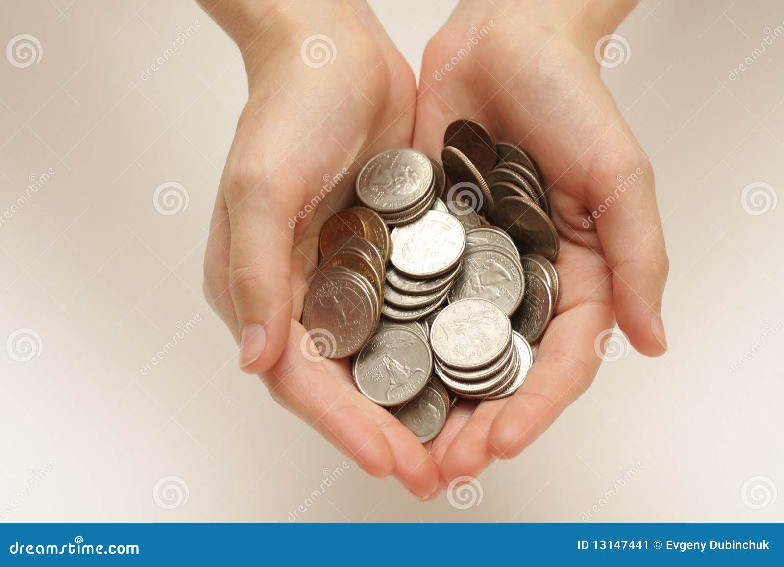 Silver coins in hands stock image. Image of holding, growth - 13147441